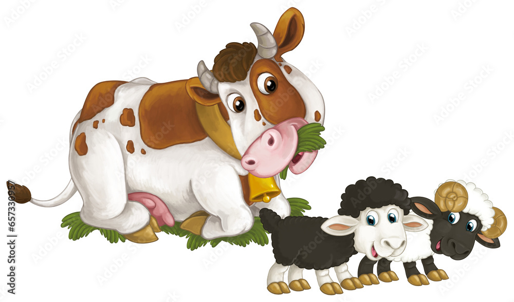 cartoon scene with happy farm animal cow looking and smiling and two ...