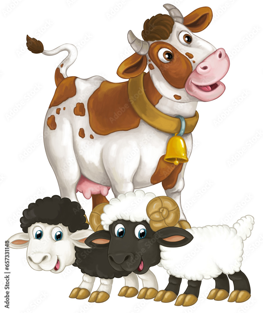 cartoon scene with happy farm animal cow looking and smiling and two ...