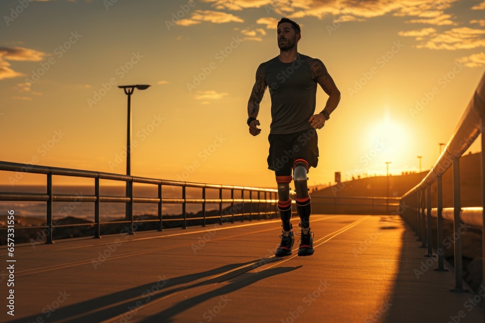 Person on prosthetic limbs, rehabilitation, body part replacement ...