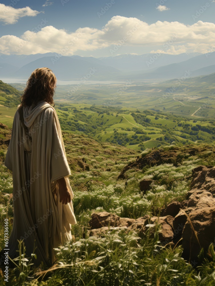 Jesus Christ herding sheep on green meadow back in the frame. AI Stock ...