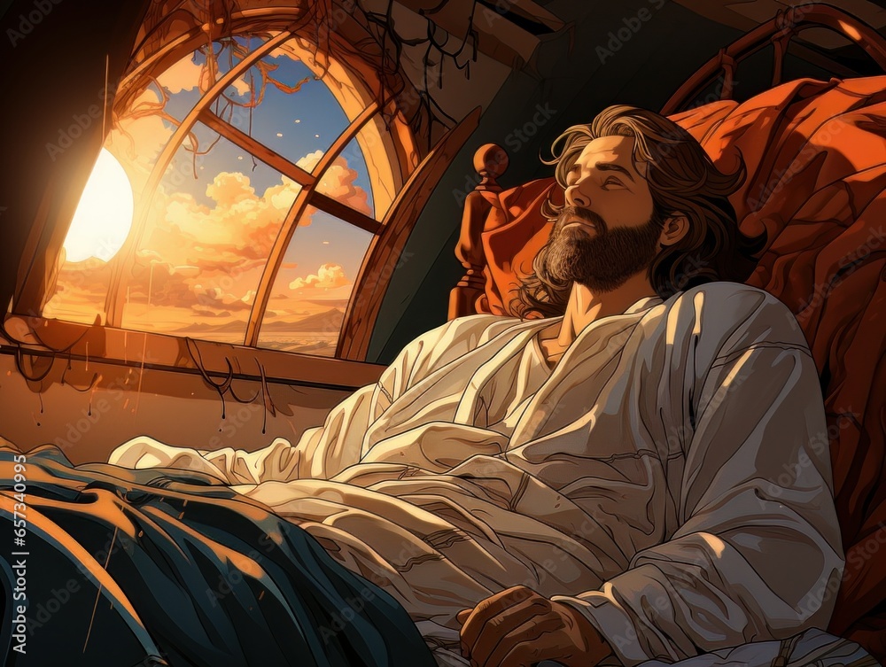 Cartoon Jesus Christ goes to bed in a cozy home. AI Stock Illustration ...