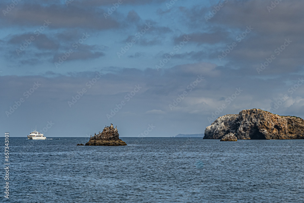 Santa Cruz Island, CA, USA - September 14, 2023: white ferry approaches ...