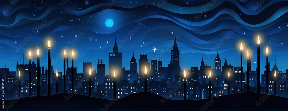 Illustration of city of Israel with windows with lights on at night ...