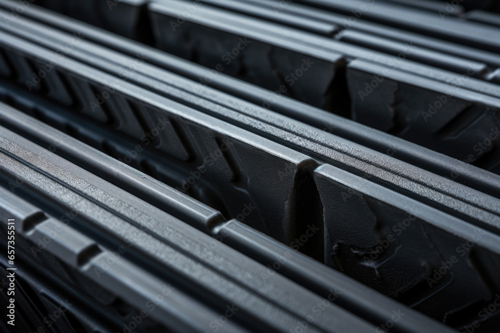 Closeup of a grooved rubber conveyor belt, with tightly packed ...