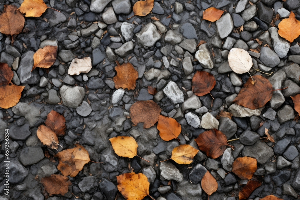 Texture of a gravel parking lot in autumn, with fallen leaves and twigs ...