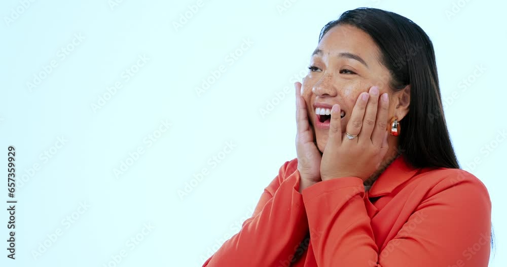 Surprise, happy and excited woman with laughing, mockup space and ...