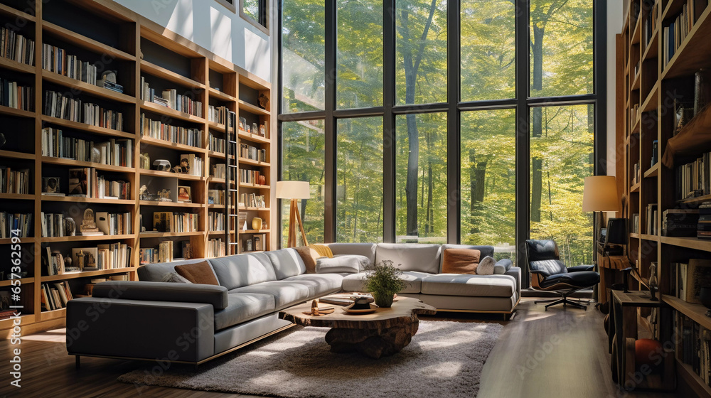 Modern Home Library. Highlight a home library with floor-to-ceiling ...