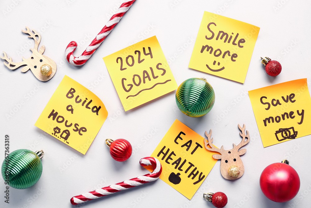 Sticky notes with different goals for 2024 and Christmas decorations on ...