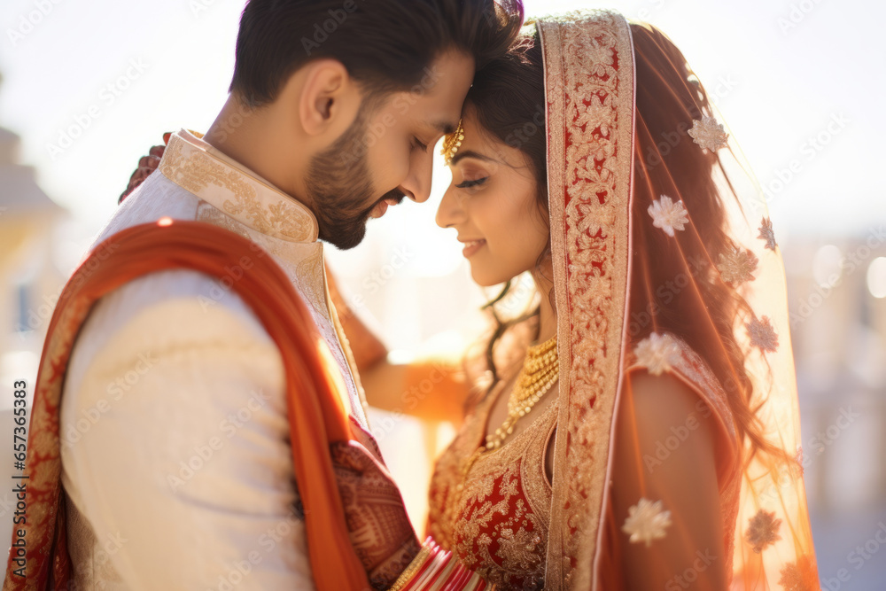Indian bride and groom at amazing hindu wedding ceremony. Details of traditional indian wedding ...