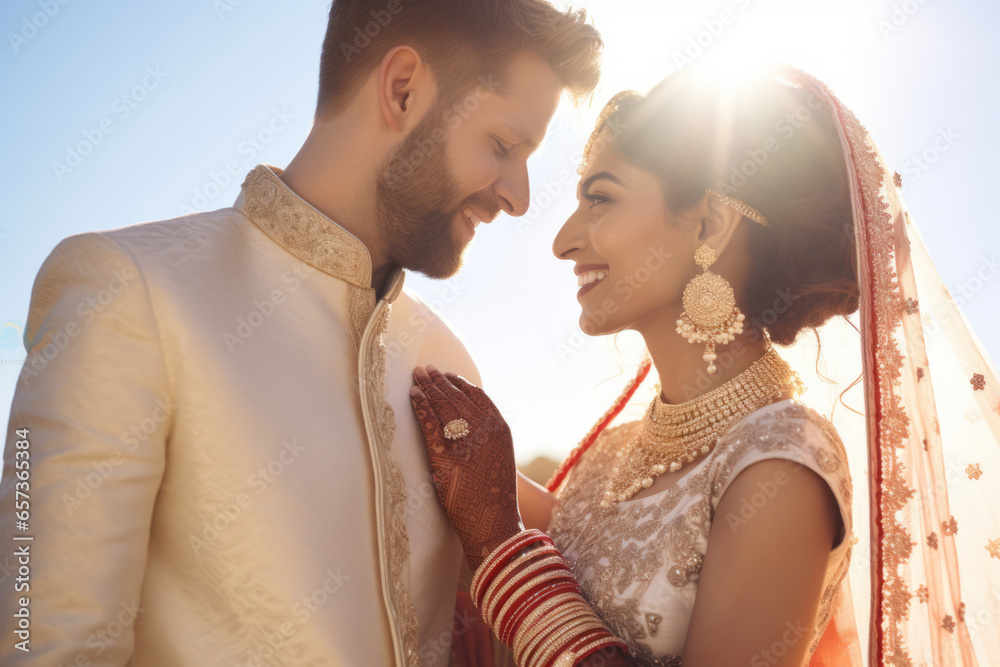 Indian bride and groom at amazing hindu wedding ceremony. Details of traditional indian wedding ...