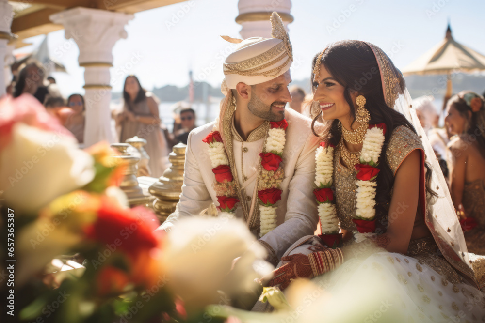 Indian bride and groom at amazing hindu wedding ceremony. Details of traditional indian wedding ...