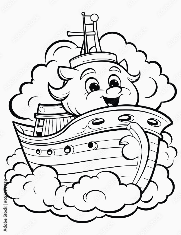 Cute kawaii ship coloring page for kids with saliboat on the waves ...