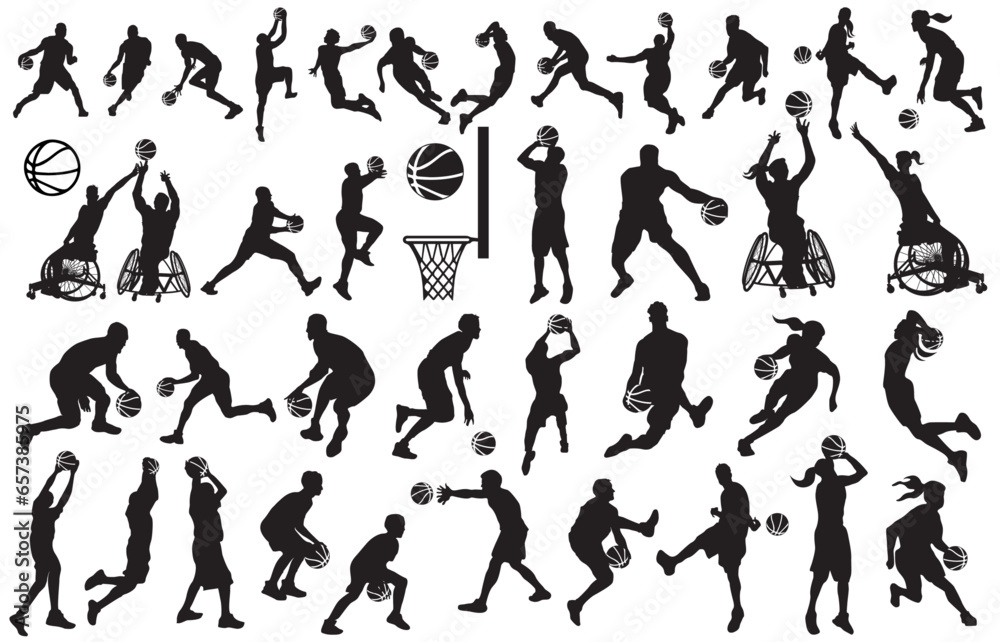 Vector set of 38 male and female basketball player silhouettes with and ...