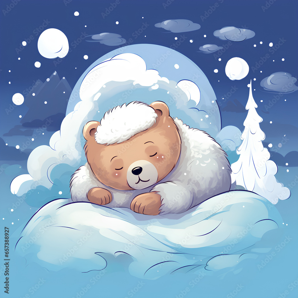 little brown bear sleep in sonw with sky bg Stock Illustration | Adobe ...