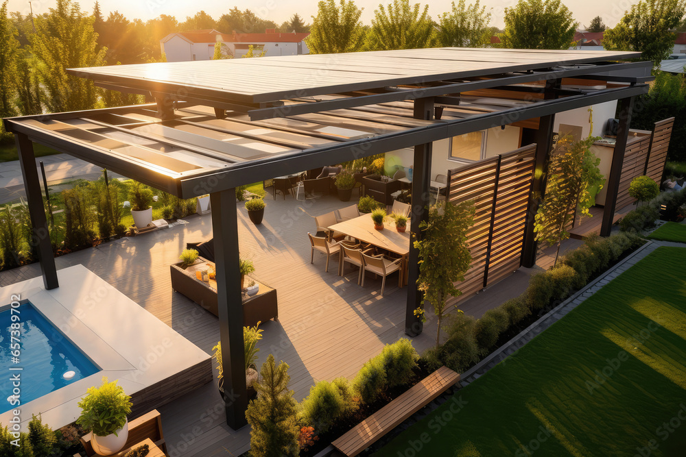Modern black bio climatic pergola with top view on an outdoor patio ...