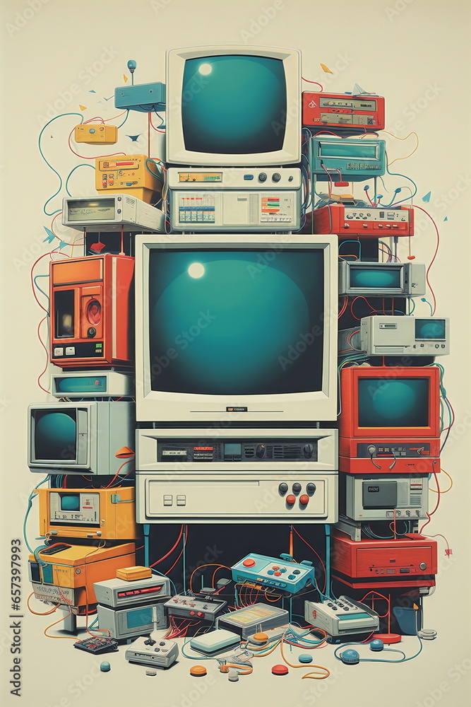 monitors, screens and retro 80s computer tv pile vintage lithograph ...