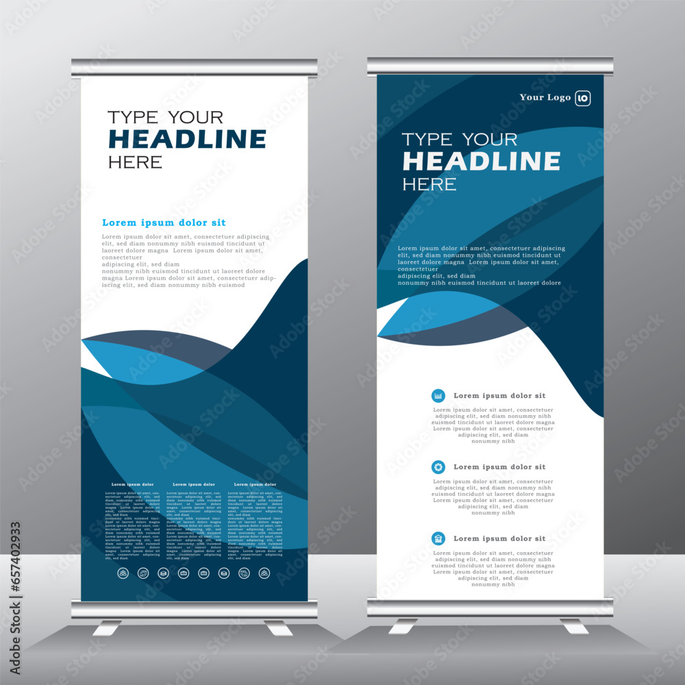 roll up banner design with blue color waves, geometric shape vertical ...