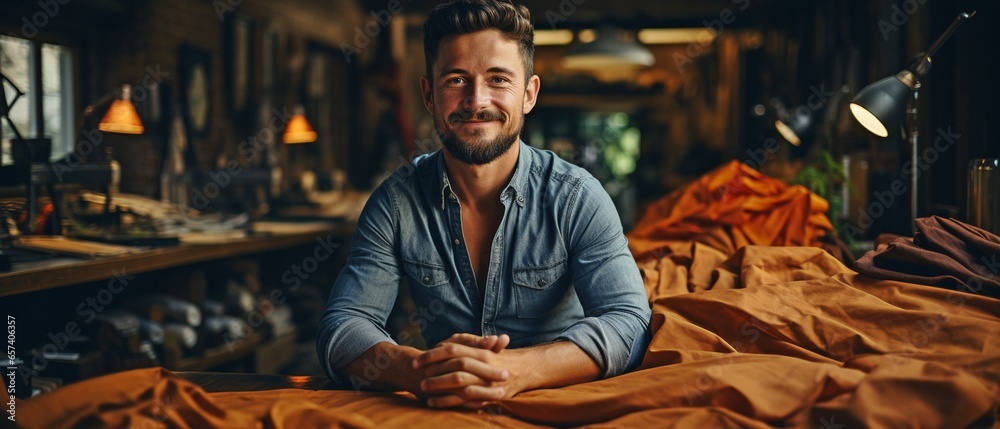 In his studio, the dressmaker is metering fabric. Man turns his ...