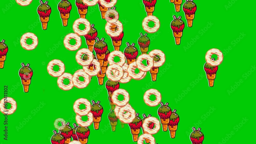 Ice cream and donut falling on green screen, Animation loop video food ...
