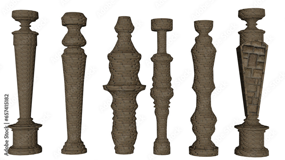 a close up of a group of different types of wooden posts, marbled ...