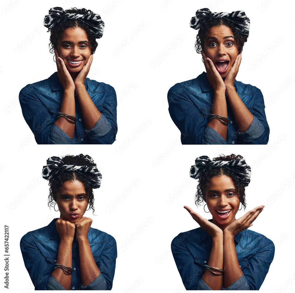 Woman, portrait and different emotions in collage, happy and face ...