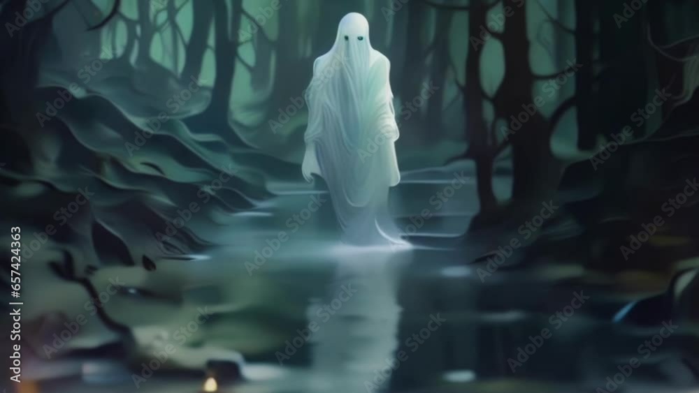 Anime Style Ghost in a Haunted Swamp. Cartoon Sheet Costume Ghost in ...