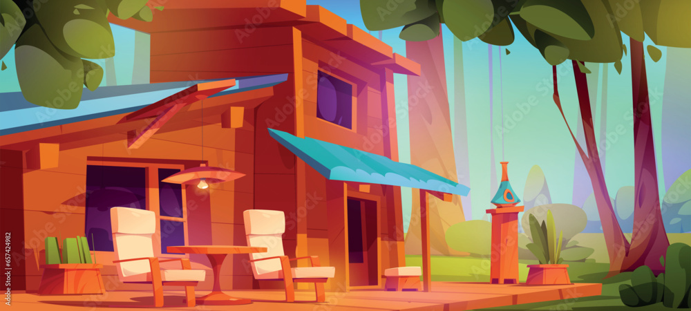 Wooden house with terrace in forest. Cartoon vector summer landscape of ...