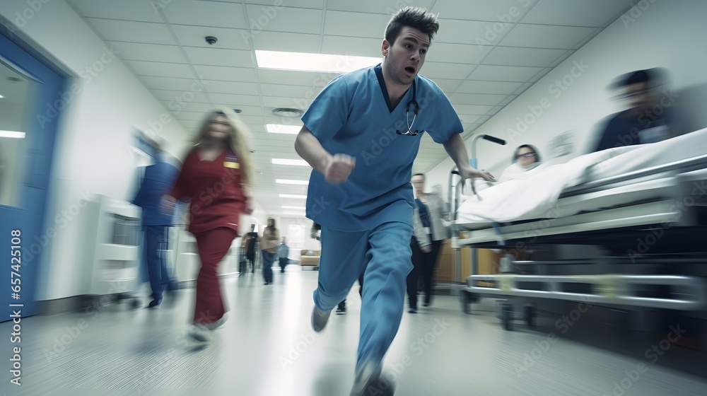 Doctors, team and hurry with bed in hospital for medical emergency ...