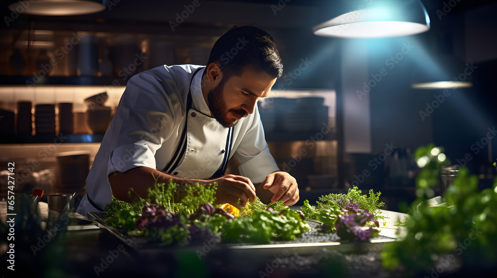 Male chef garnishing food with herb under light at commercial kitchen ...