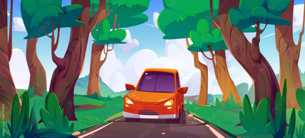 Red car driving along asphalt road in forest. Cartoon vector landscape ...