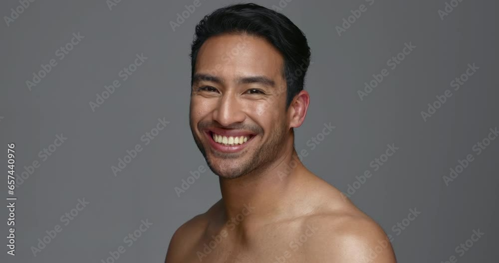 Face, funny and Asian man with beauty, skincare and dermatology on a ...