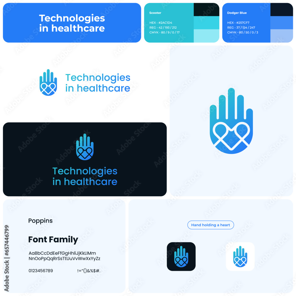 2D technologies in healthcare logo with brand name. Hand holding a ...