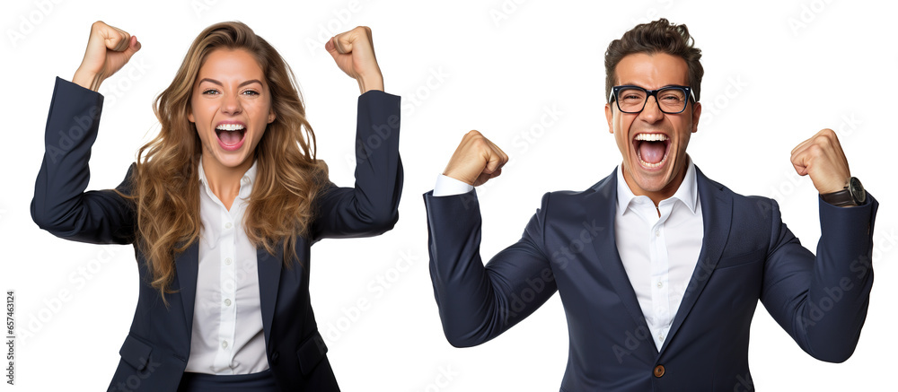 emotional, happy, excited, cheering businessman and businesswoman ...