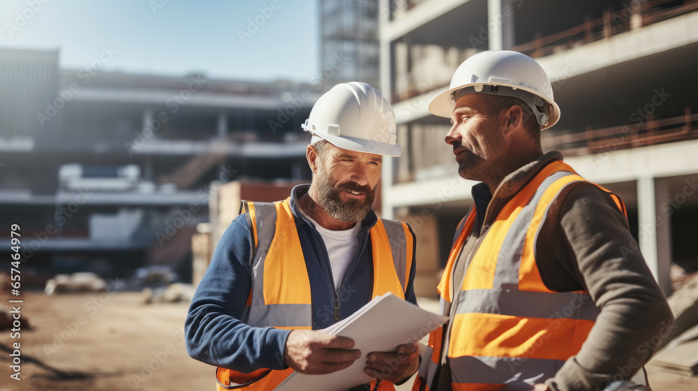 Builder in working uniform expertising the structure standing with ...