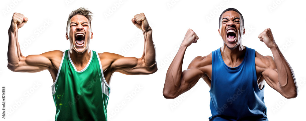 emotional, happy, excited, cheering Caucasian and Afro-American ...