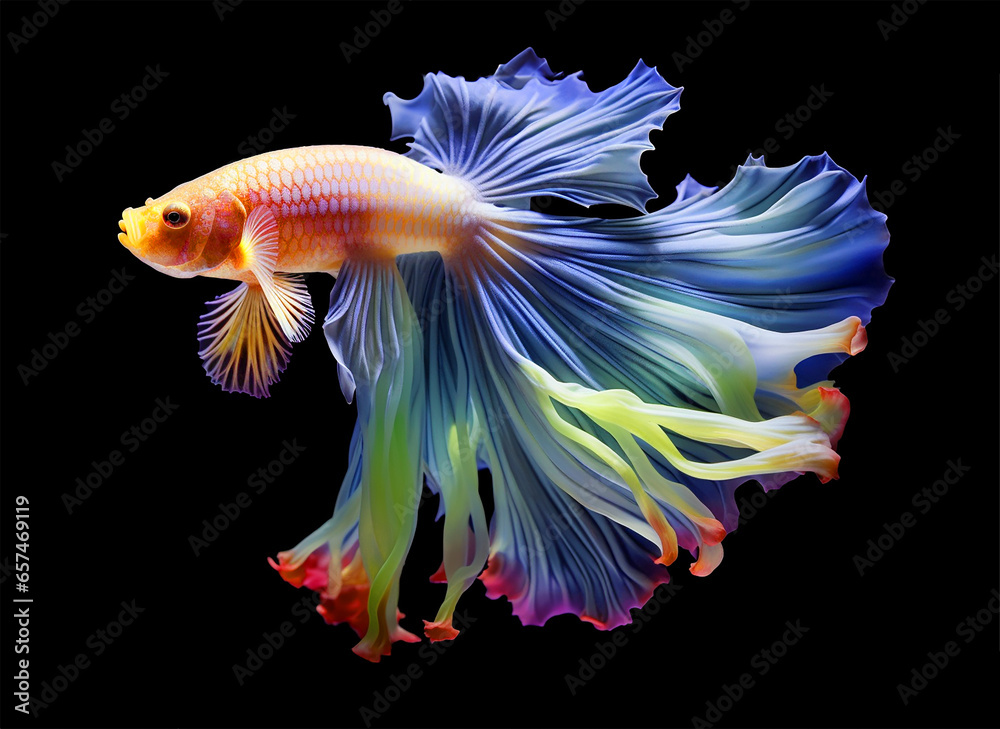 striking Siamese fighting fish, its tail and fins resembling intricate ...