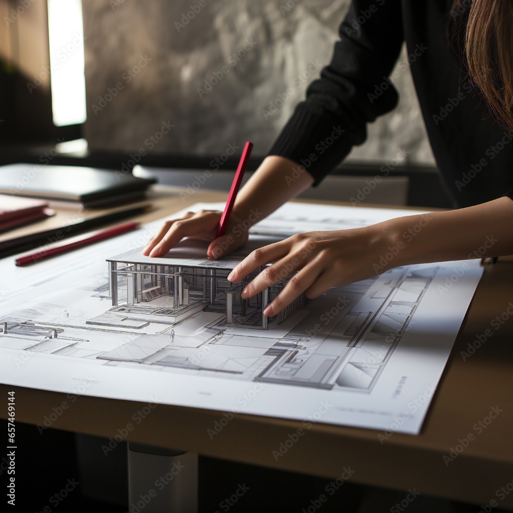 Woman working on archicad autocad drawings, she sit at the desk in ...