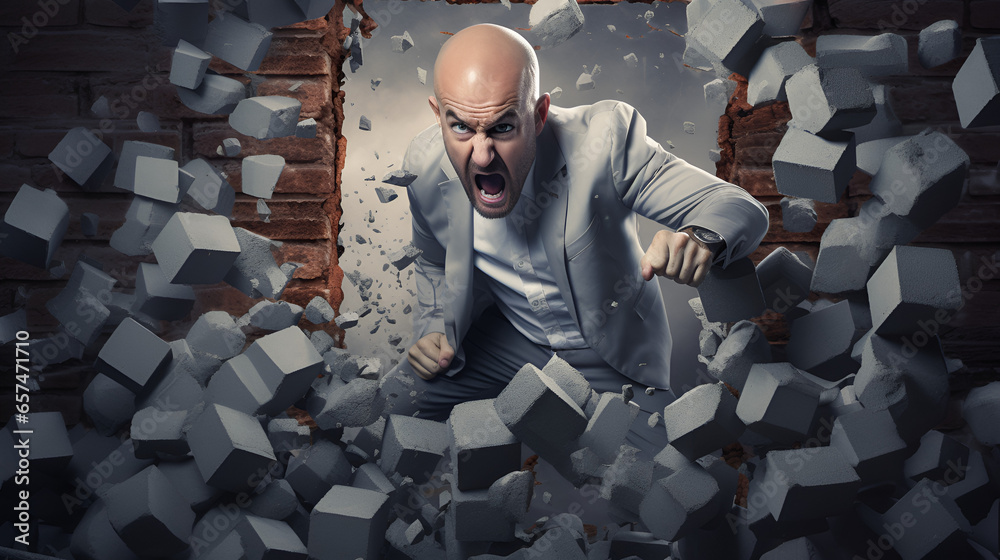 Security engineer breaks the wall with a punch,gray businessman suit ...
