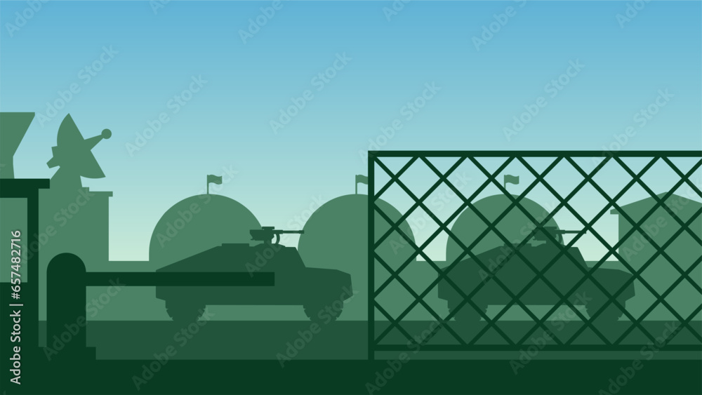 Military base landscape vector illustration. Silhouette landscape of ...