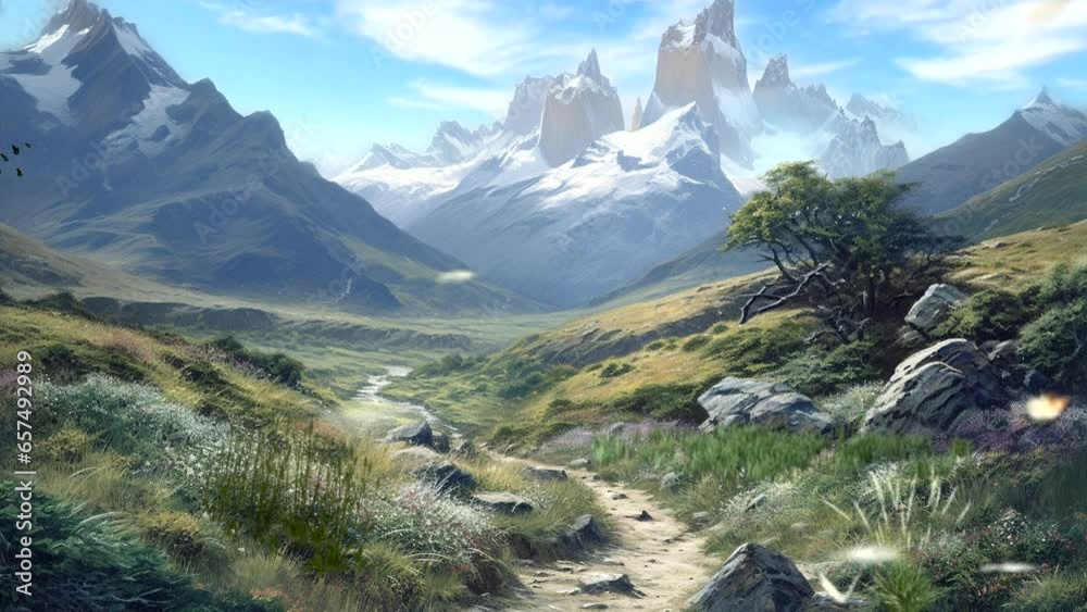 Beautiful scenery mountain background animation in painting ...