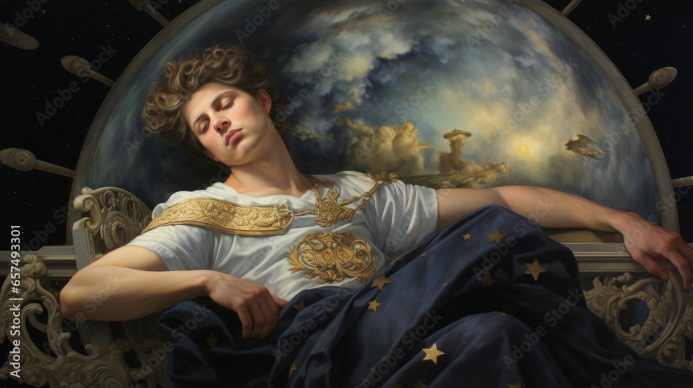 Painting of a beautiful male god, the Greek god Apollo. Olympian god of ...