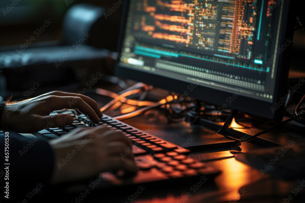 Hands on a keyboard with lines of code on the monitor - Detailed coding work Closeup - AI ...