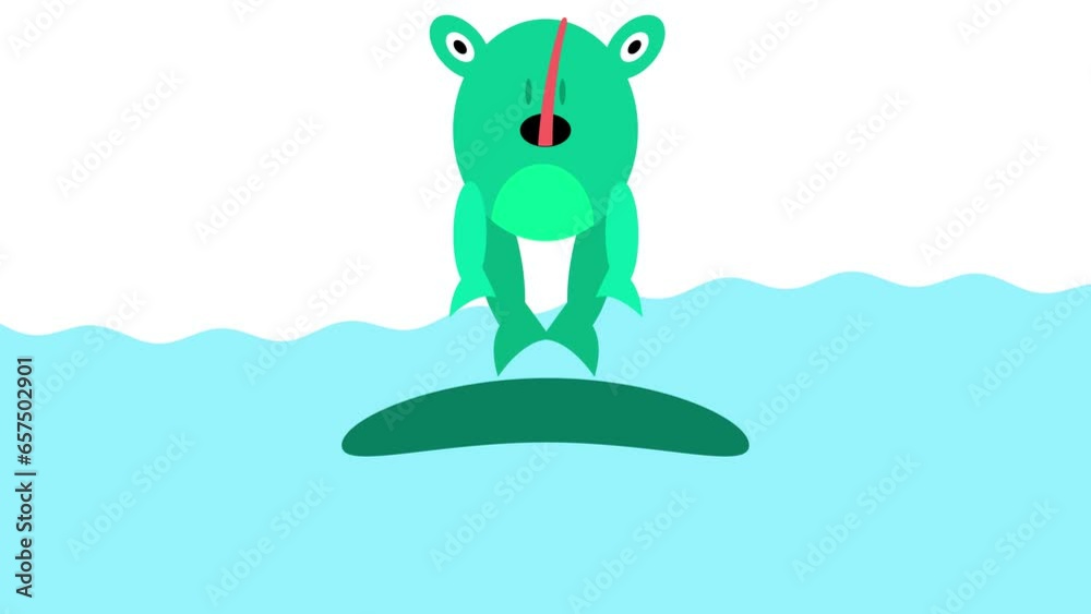 Cartoon jumping frog among lake. Frog rest on the water lily leaf ...