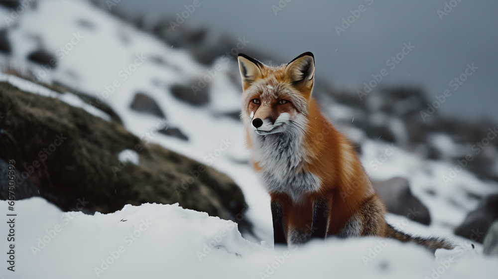 Red fox standing for long time waiting his victim in the Mount Everest ...