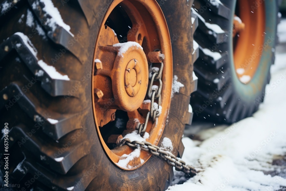 Wheel in snowy conditions with chains for safety and traction. Close-up ...