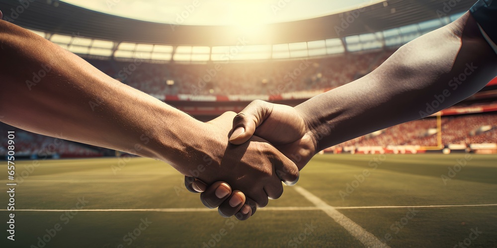 Handshake of athletes, football players on the football field, greeting ...