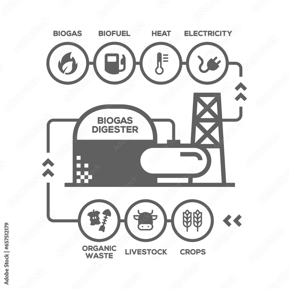 Simple Biogas Plant Diagram. Biogas production stages, renewable energy ...