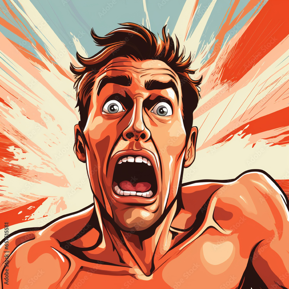 Pop Art style comic book panel with terrified man in a panic screaming ...