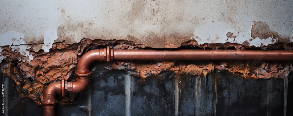 Plumbing pvc and copper pipes behind the damaged wall with a hole in it ...
