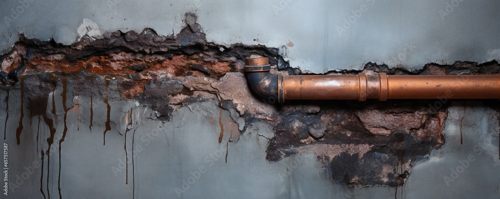 Plumbing pvc and copper pipes behind the damaged wall with a hole in it ...